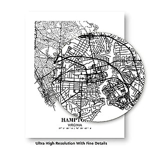 Eleville 24X36 Unframed Hampton Virginia City View Abstract Road Modern Map Art Print Poster Wall Office Home Decor Minimalist Line Art Hometown Housewarming wgn630