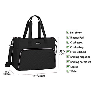 Crochet Tote Bag,Leudes Knitting Bag Fits 15.6 Inch Laptop Yarn Storage Organizer Large Yarn Holder Hook Case for Knitting & Crochet Supplies (Black)