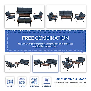Soleil Jardin Aluminum Patio Furniture Set with FSC Certified Solid Wood Top Armrest & Coffee Table, Outdoor Deep Seating Sectional Sofa, 5 Piece Conversation Sets w/Removable Cushion, Denim Blue