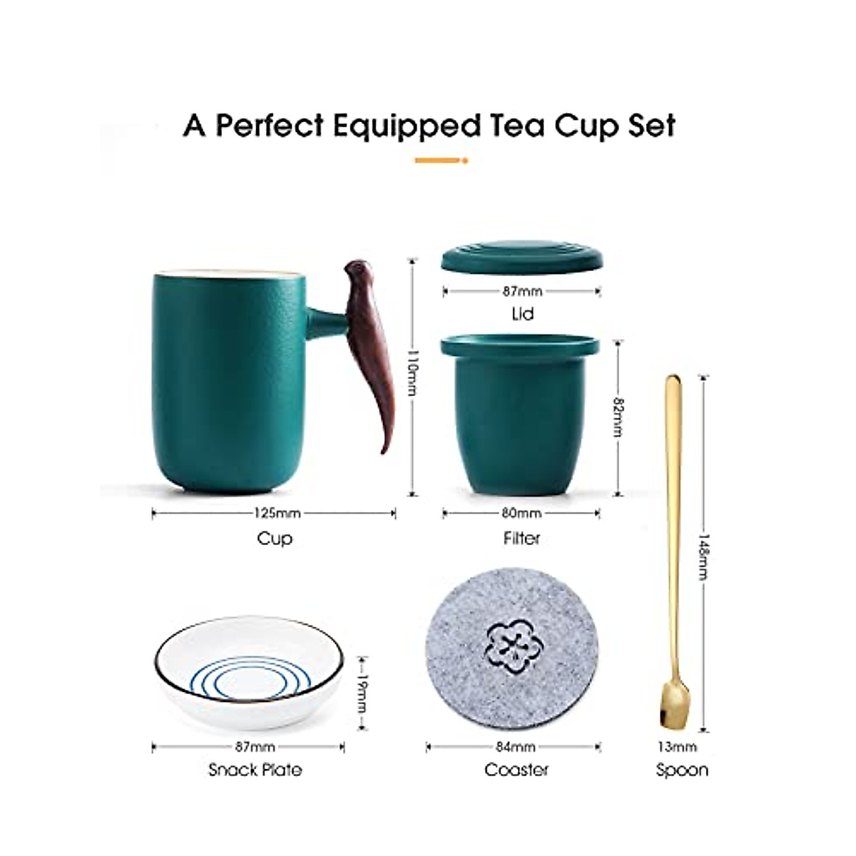 CEREMONY Ceramic Tea Mug,Tea Infuser Mug with Wood Handle,Tea Cup with Infuser and Lid for Loose Leaf Tea 13.5oz Green