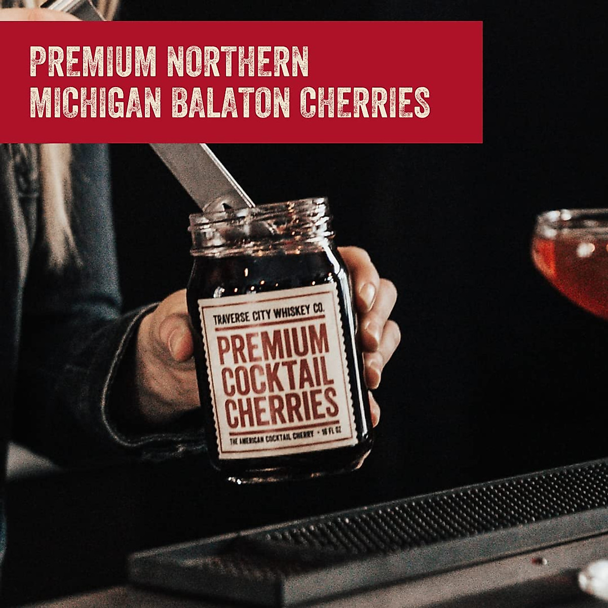 Traverse City Whiskey Co. Premium Cocktail Cherries (21.2oz / 600g) | Cocktails & Desserts | All American, Natural, Certified Kosher, Stemless, Slow-Cooked Garnish for Old Fashioned, Ice Cream Sundaes & More