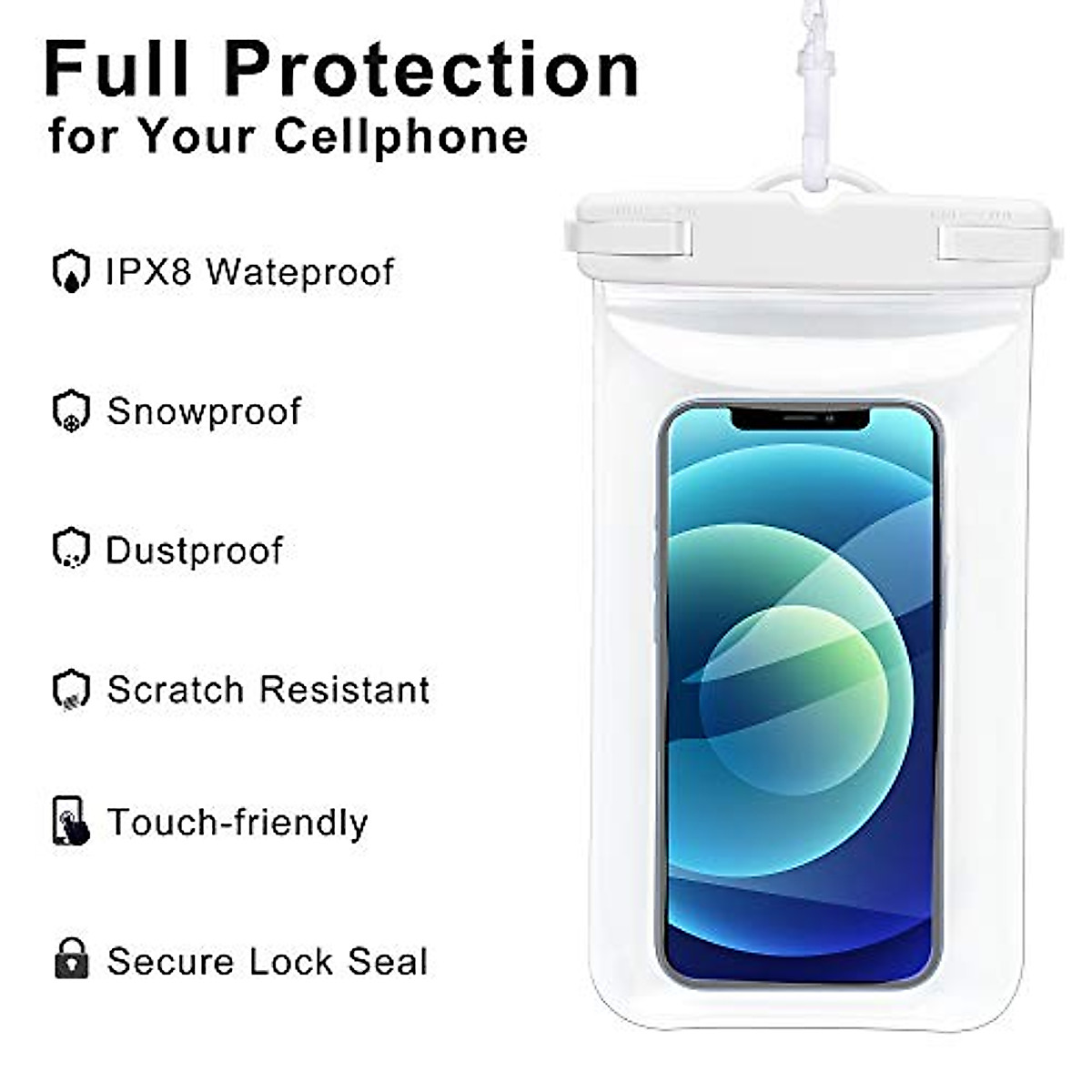 AINOYA Universal Waterproof Case 2 Pack, IPX8 Waterproof Phone Pouch Compatible with iPhone 12 Pro Max/Galaxy s21 Ultra/Pixel 5a /oneplus 9 pro up to 7" (White)