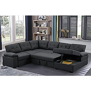 Sectional Sleeper Sofa Bed L Shaped Pull-Out Couch Bed with Storage Lounge Chair Home Office Sleeper Sofa Couch 6 Seater Sectional Couches Set, Dark Grey