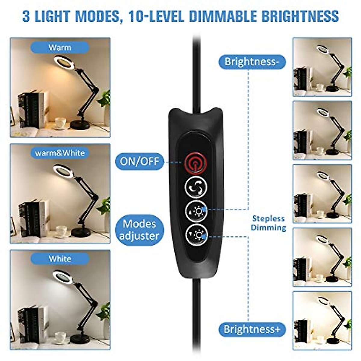 LANCOSC 2-in-1 Magnifying Glass with Light and Stand, 3 Color Modes Stepless Dimmable, 5-Diopter Real Glass Magnifying Desk Lamp & Clamp, LED Lighted Magnifier for Repair, Reading, Crafts, Close Works