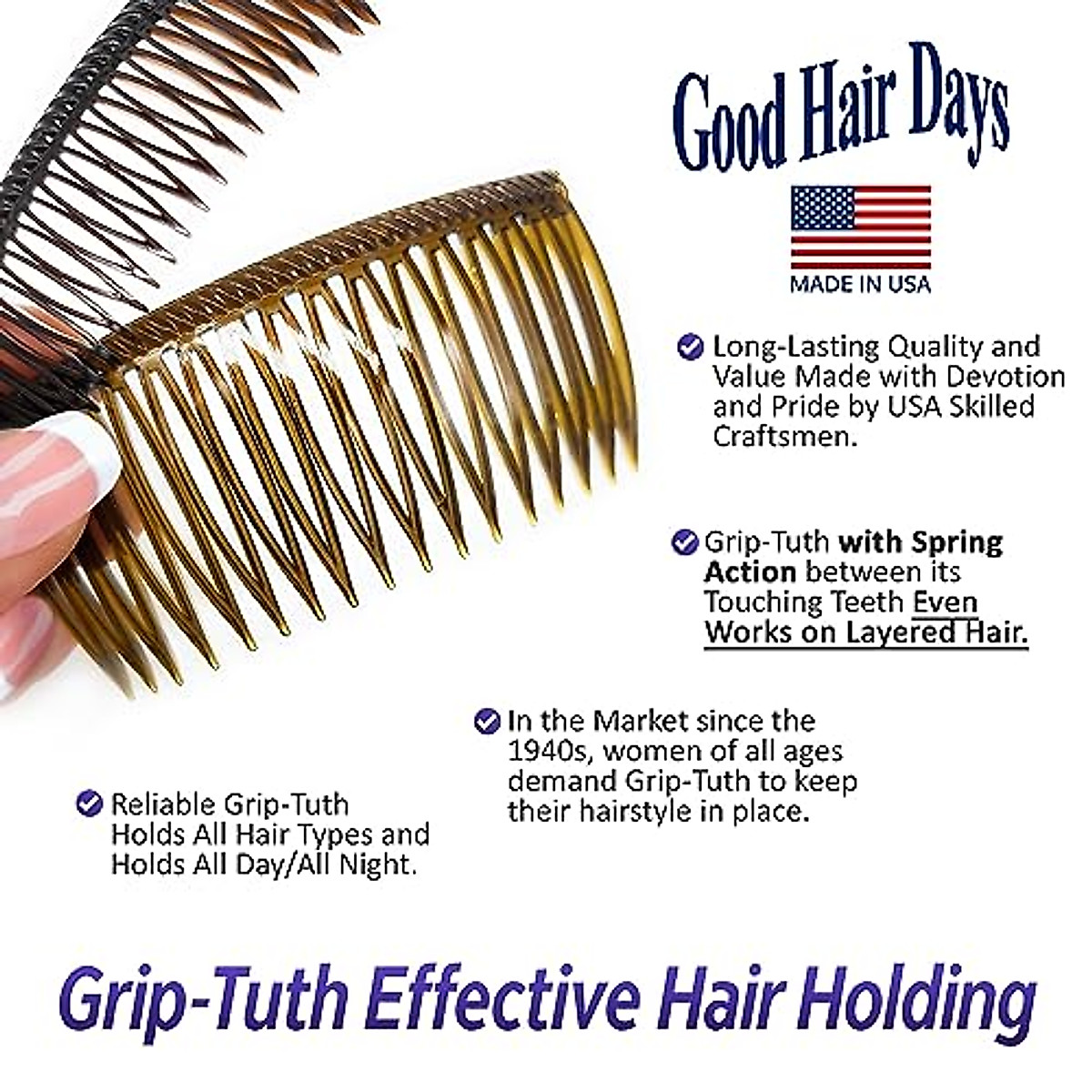 Good Hair Days Grip-Tuth Shorty Combs - Decorative & Styling Combs for Fine and Thin Hair (Crystal, 2 Count - 1 3/4 inch)