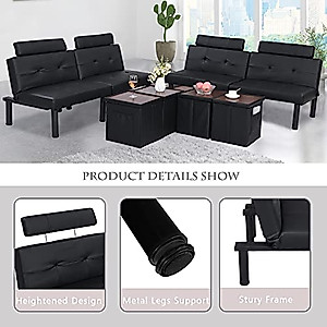 VUYUYU Convertible Futon Couch Bed with Two Storage Ottoman/Coffee Table, Leather Folding Loveseat Sleeper, Small Futon Sofa for Compact Living Space, Apartment, Dorm, Bedroom