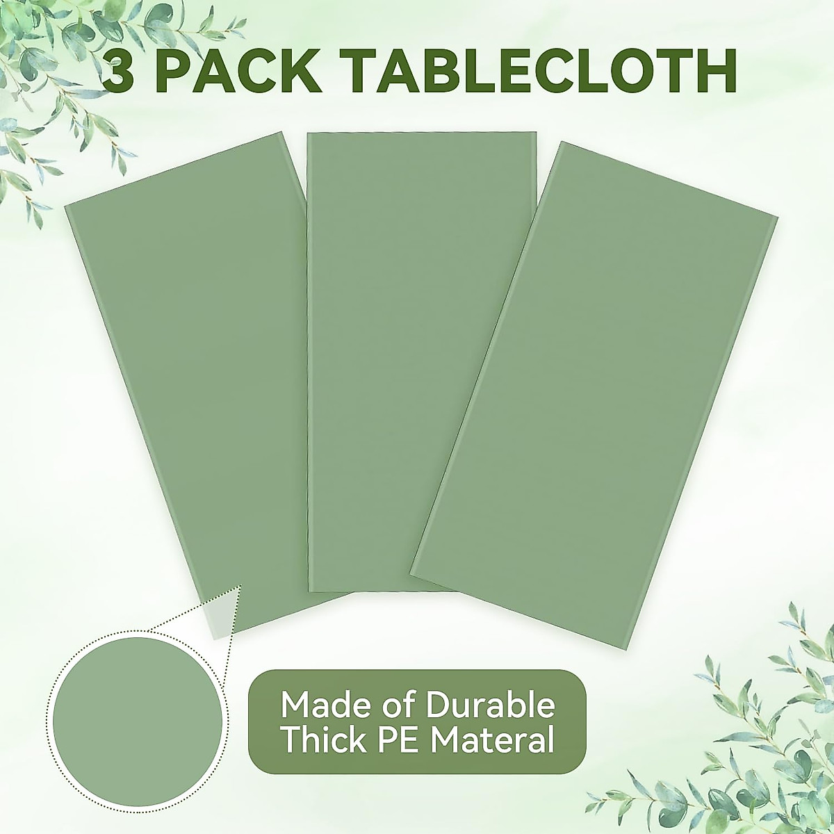 3Pack Sage Green Plastic Tablecloths for Rectangle Tables, Green Disposable Table Cloth, Waterproof Sage Green Table Cover for Birthday Bridal Wedding Baby Shower Party Decorations, 54 X 108Inch