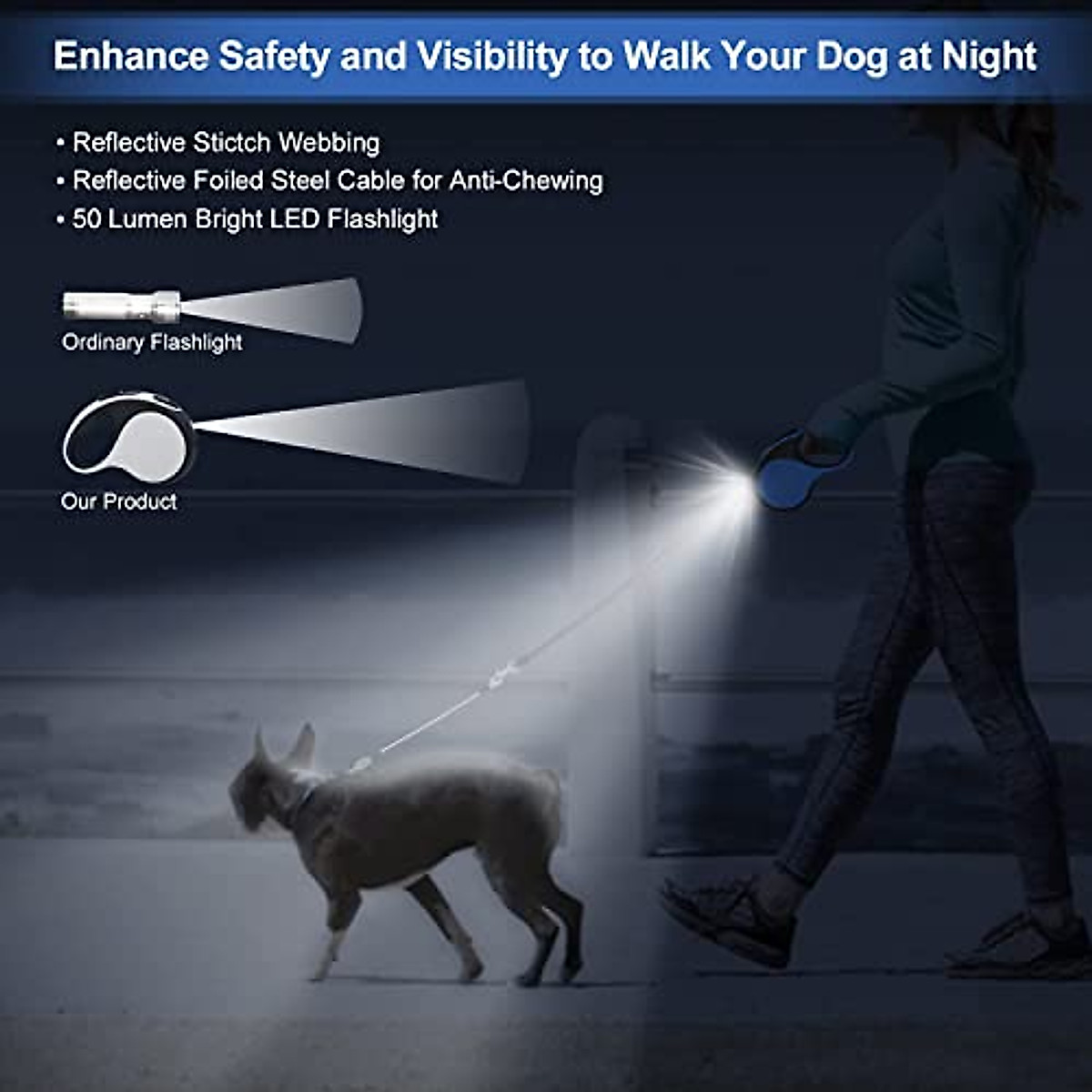 Retractable Dog Leash with Rechargeable LED Light for Night Walks, Newnique 16FT Dog Walking Leash with Chew Proof Cable, for Dog ups to 66lbs(Black Blue)