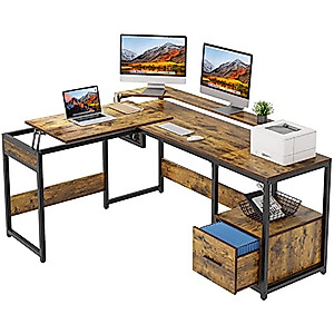 YITAHOME L Shaped Desk with File Drawer, 65" Large Computer Desk Corner Desk with Lift Top, Standing Desk Height Adjustable with Monitor Stand & Storage Shelves for Home Office, Rustic Brown