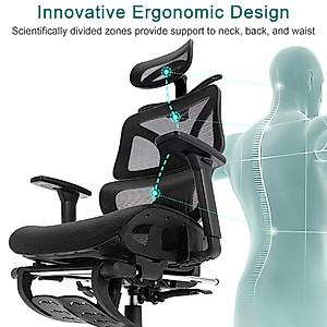 VECELO Swivel Ergonomic High Back Mesh Office Chair with Retractable Footrest, Adjustable Backrest, Tilt Function, 3D Armrests & Headrest, Lumbar Support for Executive/Computer Desk/Task Work, Black