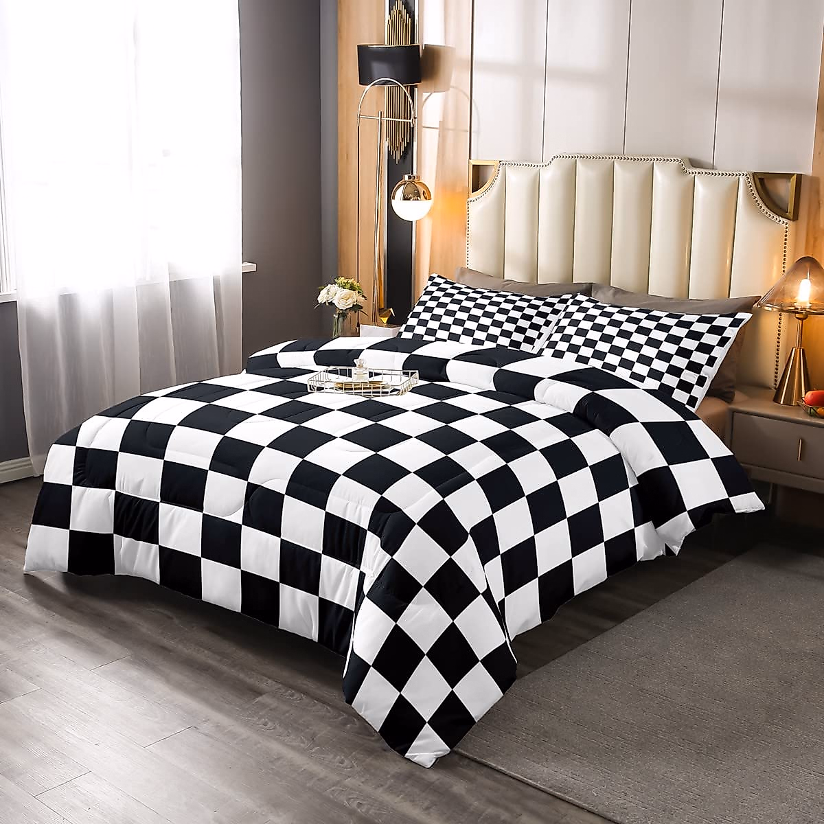 Erosebridal Black Grid Comforter Set Twin Black and White Checkered Bedding Set Reversible Farmhouse Buffalo Plaid Comforter for Kids Boys Teen Bedroom,Gingham Duvet Insert with 1 Pillow Case