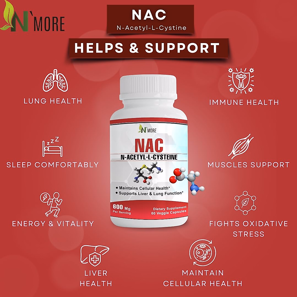 N'More N-Acetyl-Cysteine (NAC) 600 Mg 60 Veggie Capsules Non-GMO, Gluten Free