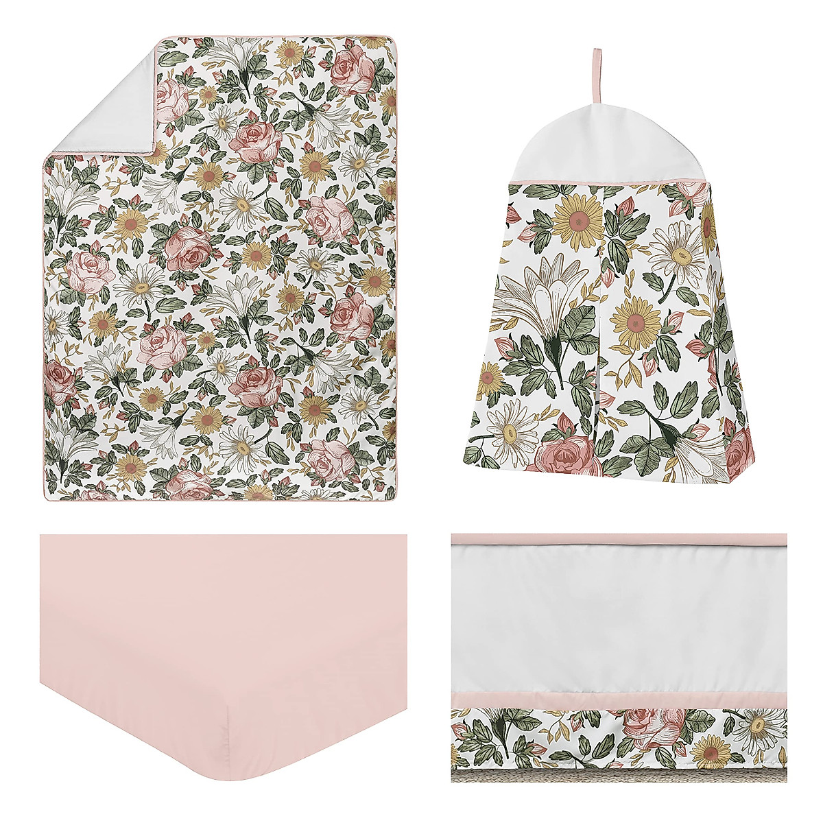 Sweet Jojo Designs Vintage Floral Boho Baby Girl Nursery Crib Bedding Set - 4 Pieces - Blush Pink, Yellow, Green and White Shabby Chic Rose Flower Farmhouse