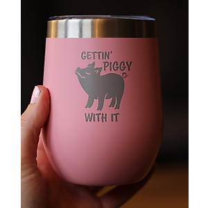 Bevvee Gettin Piggy - Wine Tumbler Glass with Sliding Lid - Stainless Steel Insulated Mug - Cute Pig Decor Gifts - Pink