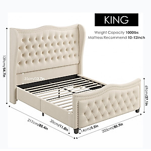 HOSTACK King Bed Frame, 55" Headboard Upholstered Bed with Tall Footbaord, Velvet Handmade Pleats Deep Button Tufted Wingback Platform Bed, No Box Spring Required/Wood Slat Support/Beige