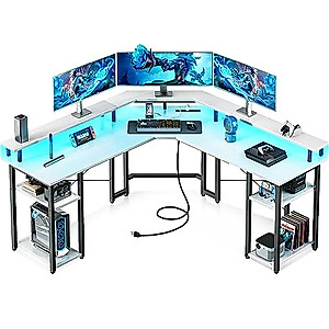 Coleshome L Shaped Gaming Desk with LED Lights & Power Outlets, Reversible 56" Computer Desk with Full Monitor Stand & Storage Shelves, Ergonomic Home Office Corner Desk, White
