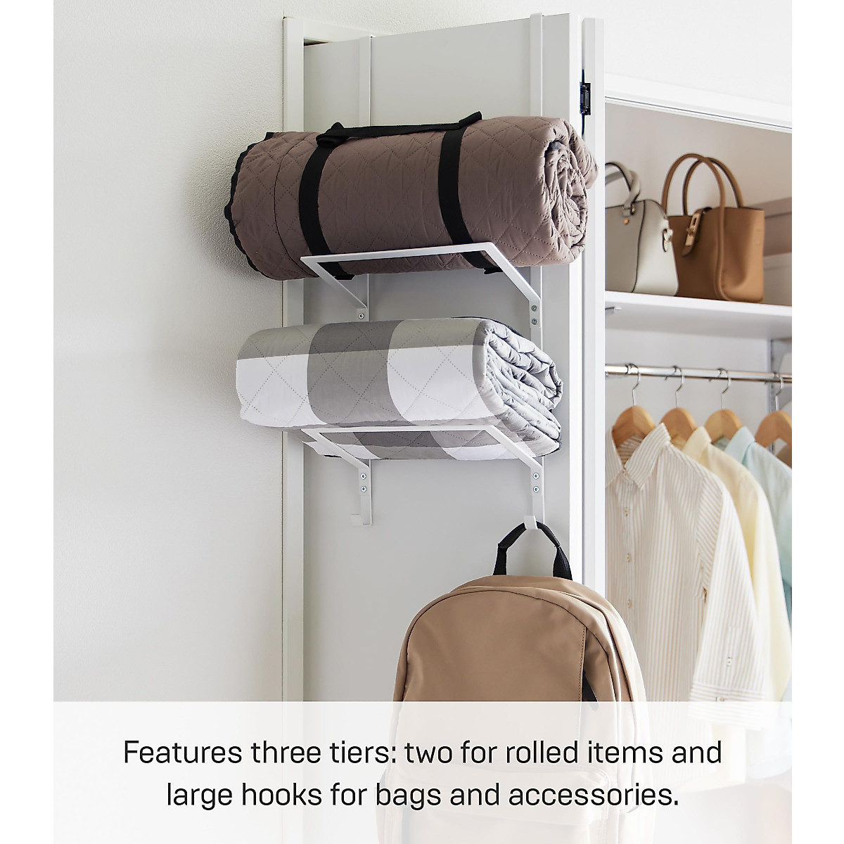 Yamazaki Home Tower Over-The-Door Yoga Mat Storage Hanger - 3-Tier Organizer for Foam Rollers, Backpacks, Hats, Bags - Extra Closet Space Saver - Steel