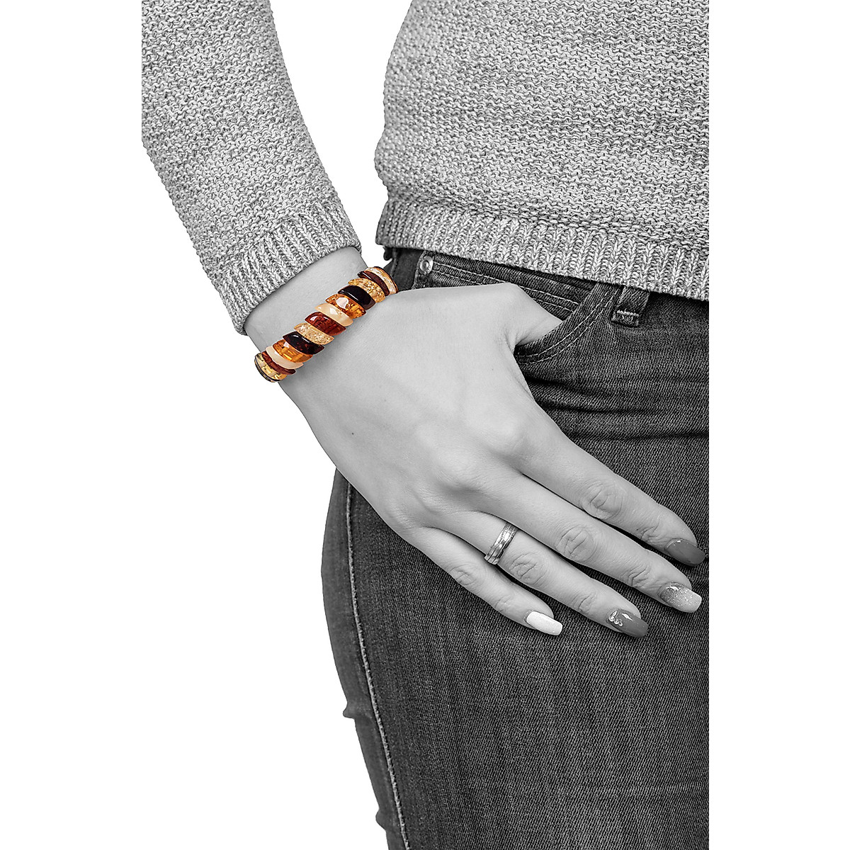 AMBERAGE Natural Baltic Amber Stretch Bracelet for Women - Hand Made from Polished/Certified Baltic Amber Beads(Multi)