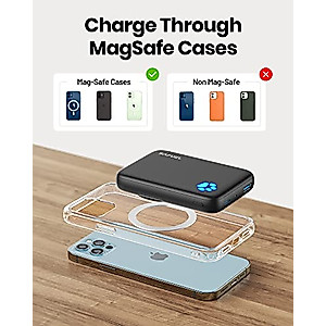 SAFUEL Magnetic Portable Charger, 10000mAh 20W PD QC3.0 Wireless Power Bank Fast Charging, USB C in&Out External Battery Pack, Compatible with iPhone 14 13 12 Pro Max Mini and MagSafe Case