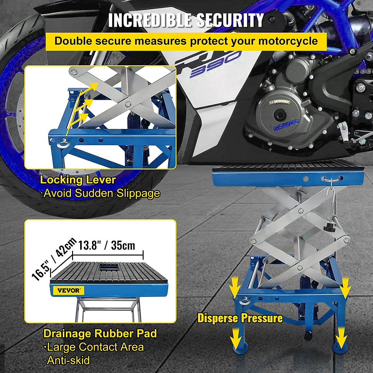 VEVOR Hydraulic Motorcycle Lift Table, 300LBS Hydraulic Motorcycle Scissor Jack, Portable Lift Table, Adjustable Motorcycle Lift Jack, Blue Motorcycle Lift Stand