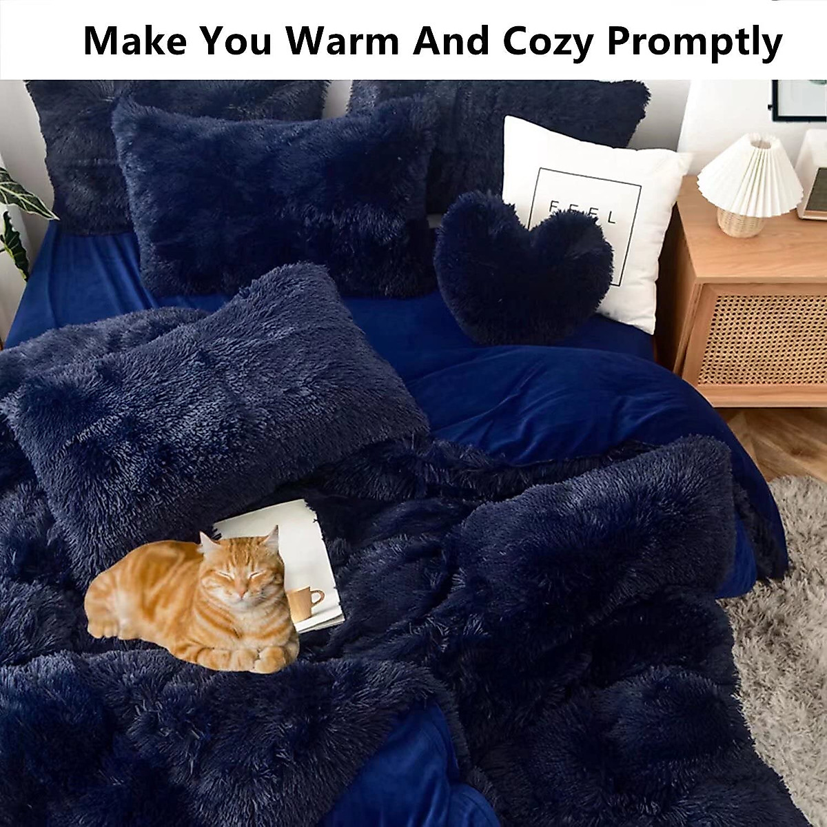 6Pcs Fluffy Faux Fur Duvet Cover Sets,Fuzzy Plush Shaggy Bedding Set(1Faux Fur Quilt Cover with Velvet Fabric Inner+1Flannel Flat Sheet+2 Shaggy Pillowcases+2 Heart Pillows) Zipper Closure Navy King