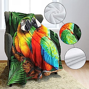 Rstick Parrot Blanket Leaves Birds Macaws Fleece Blanket Soft Fuzzy Plush Throw Blankets for Couch Bed 60"x80"