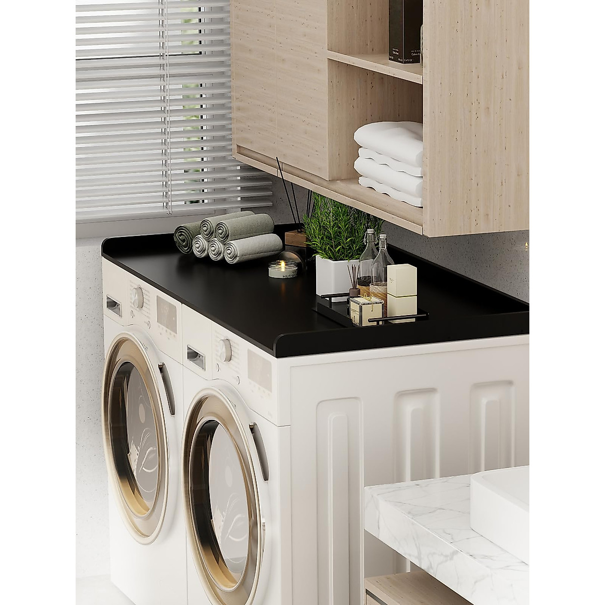 Toemics Washer Dryer Countertop, 27.5" x 54" Laundry Room Organization Shelf with Edge Rails for Washer and Dryer, Durable Melamine Finish, Non-Slip Pads, and 3 Laundry Bags, Black