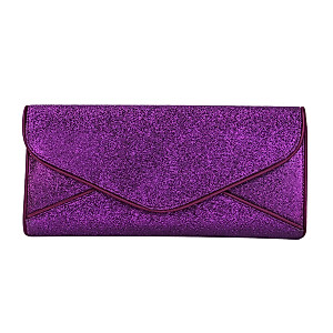 Premium Large Metallic Glitter Envelope Flap Clutch Evening Bag, Purple