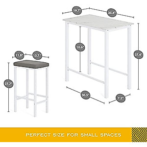Bar Table Set for 2, White Faux Marbled 3-Piece Counter Height Breakfast Table with 2 Cushioned Stools, Small Dining Kitchen Table Set for Apartment