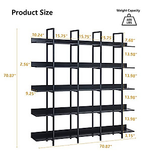 KIVENJAJA Triple Wide 5-Tier Bookshelf, Industrial Display Bookcase with Metal Frame, Tall Open Storage Book Shelves for Bedroom, Living Room, Home Office (Black)