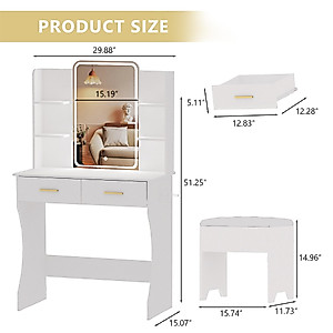 Vanity Desk with LED Lights Mirror & Power Outlet, Small Makeup Vanity Table Set with Storage Drawers & Chair, 3 Lighting Modes & Adjustable Brightness, Dressing Table for Women Girls Bedroom, White