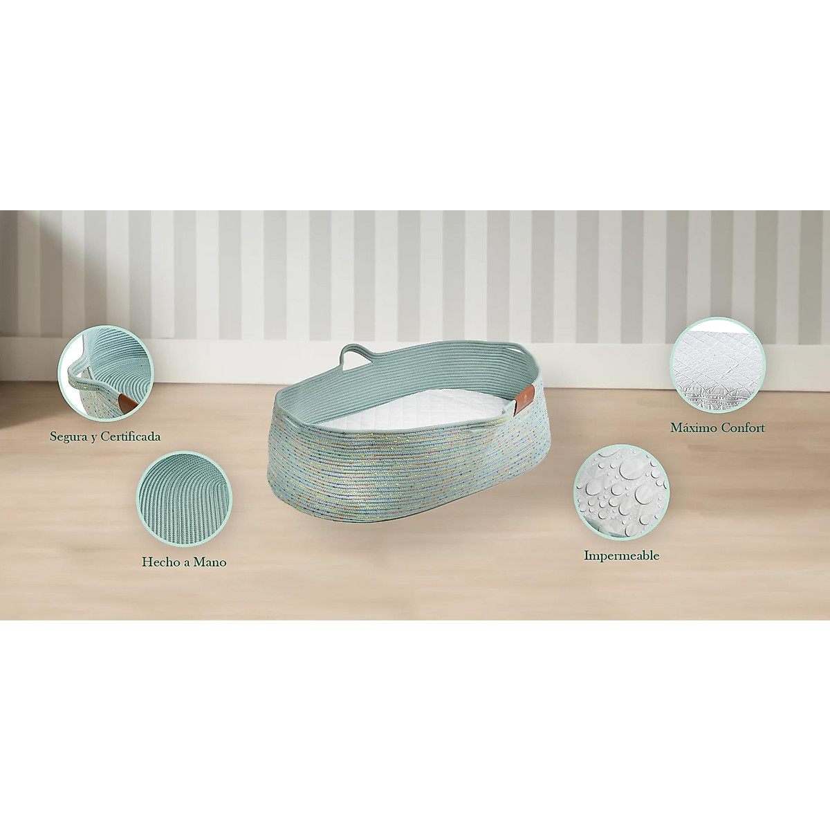 AIDENTITY Multifunctional Baby Bassinet and Changing Basket. Handmade Cotton, 5cm Mattress, Waterproof Cover. Lightweight, Foldable 4easy Travel, Must-Have for on-The-go Newborn Parents! (Beige)