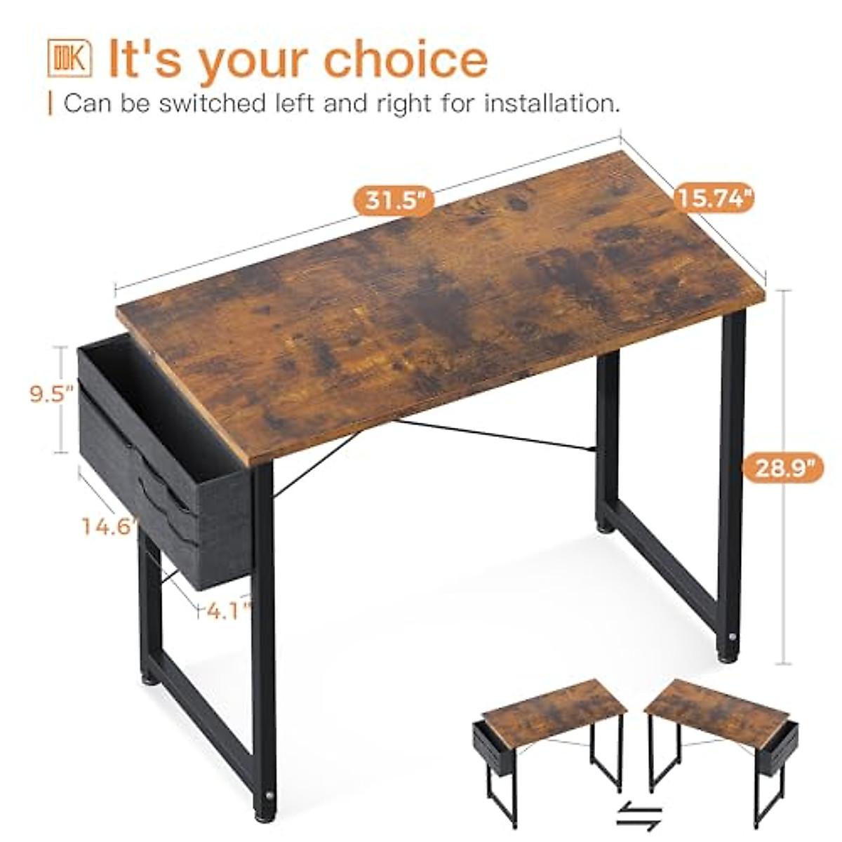 ODK Laptop Desk Study Desk, 32 Inch Small Desk, Writing Desk with Storage, Work Table with Headphone Hook for Small Space Home Office, Rustic Brown