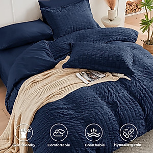 HYMOKEGE Navy Blue Full Size Comforter Sets Seersucker 7 Pieces, All Season Luxury Bed in a Bag for Bedroom, Bedding Set with Comforters, Sheets, Pillowcases & Shams