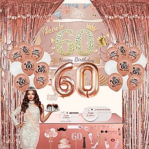 60th Birthday Decorations for Women,90 PCS Rose Gold 60th and Fabulous Birthday Decorations,Including Happy 60th Birthday Banner Backdrop,Crown,Hanging Swirl, birthday Balloons, Foil Backdrops,Cake Toppers, Plates, Photo Props, Birthday Sash,60th Birthday