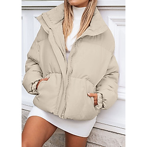MEROKEETY Women's Winter Long Sleeve Zip Puffer Jacket Stand Collar Baggy Short Coats with Pockets, LightKhaki, XS
