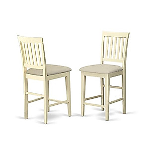 East West Furniture SUVN5H-BMK-C 5 Piece Counter Height Pub Set Includes a Round Dining Table with Dropleaf & Shelves and 4 Linen Fabric Upholstered Chairs, 42x42 Inch, Buttermilk & Cherry