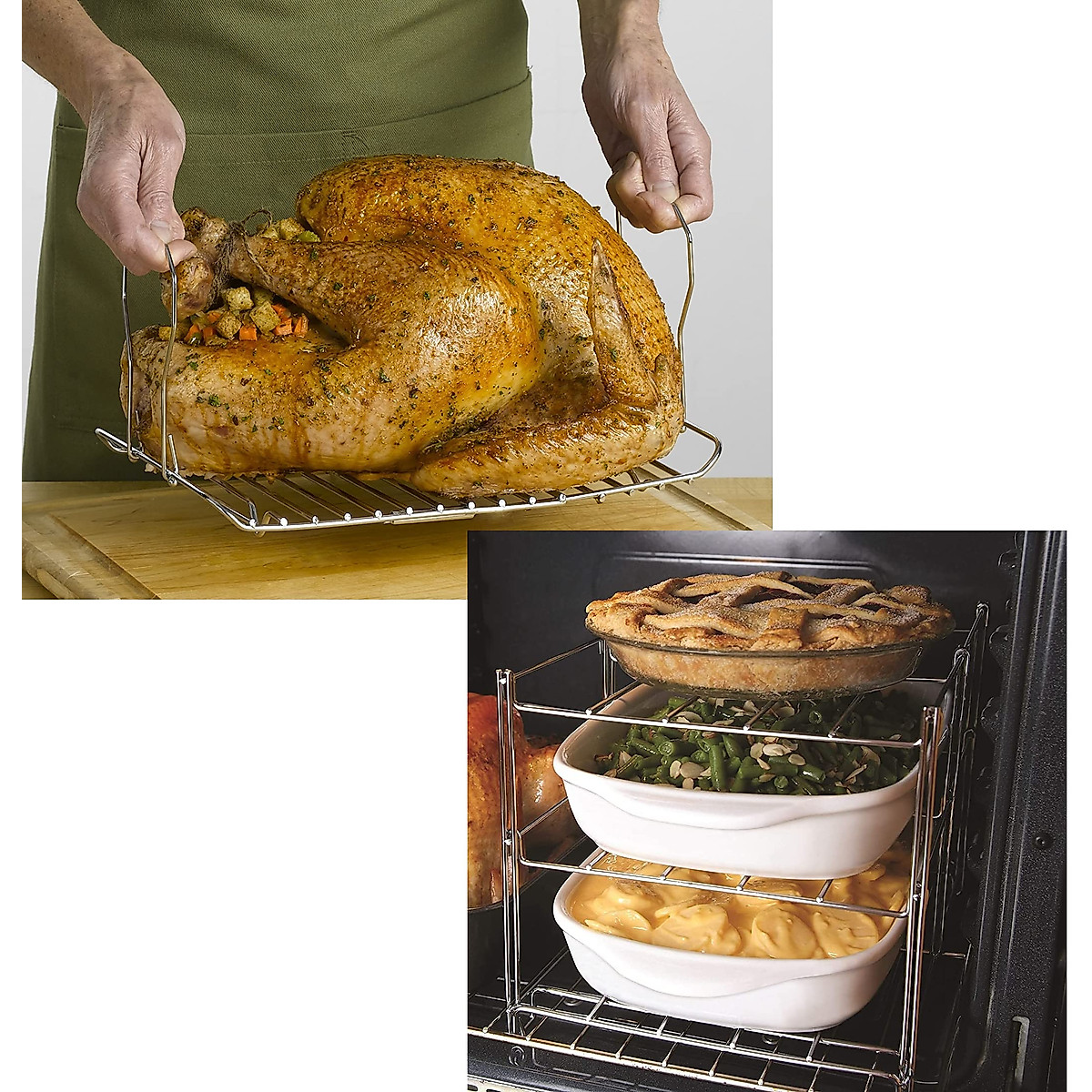 Kovot 3-Tier Oven Rack & Turkey Lifter Roasting Rack | Space Saving Collapsible Oven Rack For Multiple Roasting And Baking Tasks | Includes (1) Oven Rack & (1) Expandable Roasting Rack, Turkey Lifter