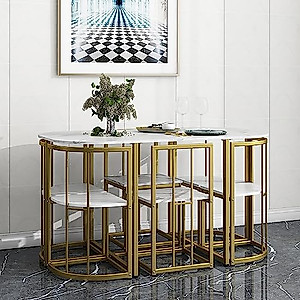 Merax Compact Dining Table and Chairs for Small Space Faux Marble Dining Table Set for 6, 55inch Kitchen Table 7 Piece Set for Dining Room Living Room Modern Style