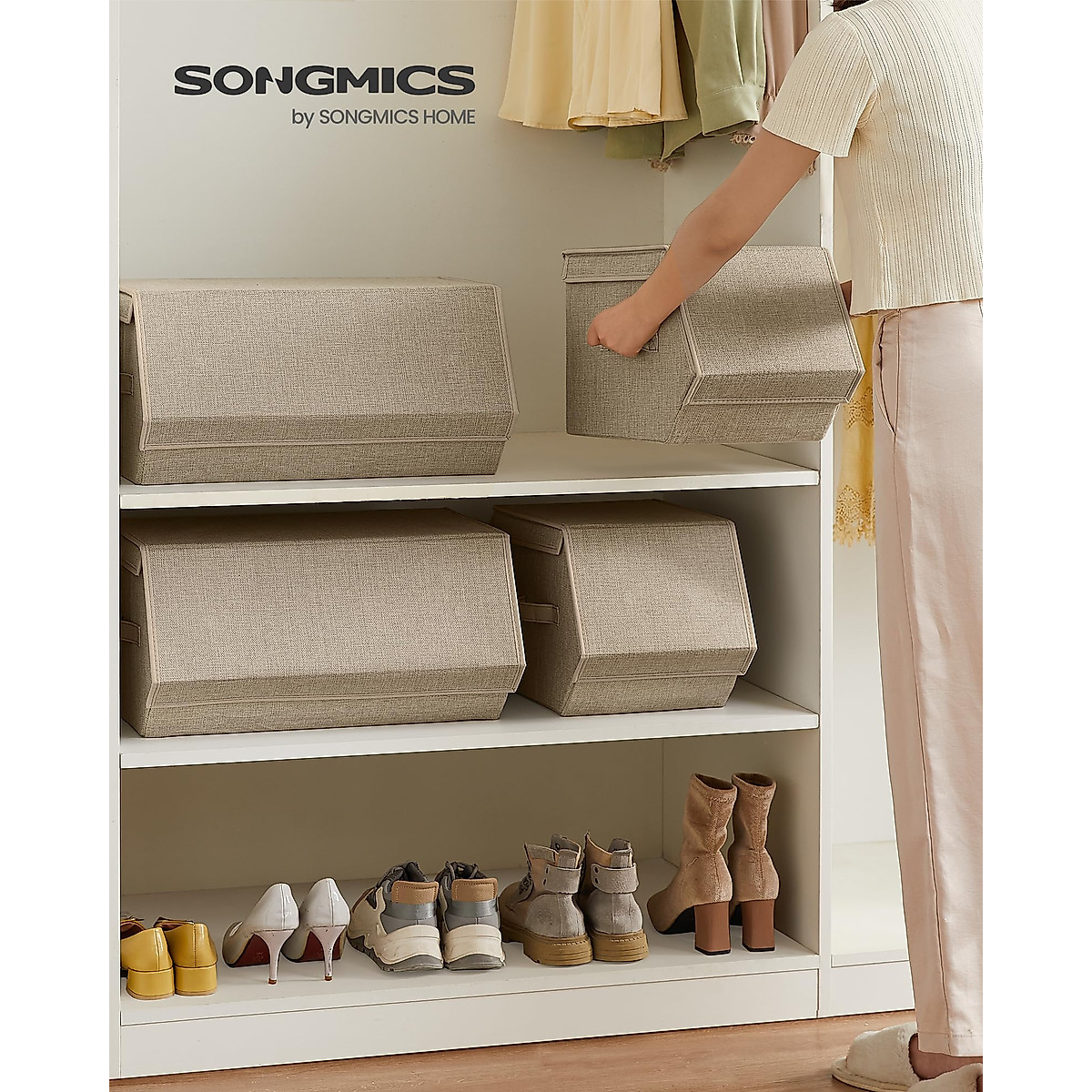 SONGMICS Set of 4 Stackable Storage Bins with Magnetic Closures, Fabric Storage Boxes with Lids, Storage Containers in Wardrobe Closet, Clothes Organizers, Sand Beige URLB022Y02