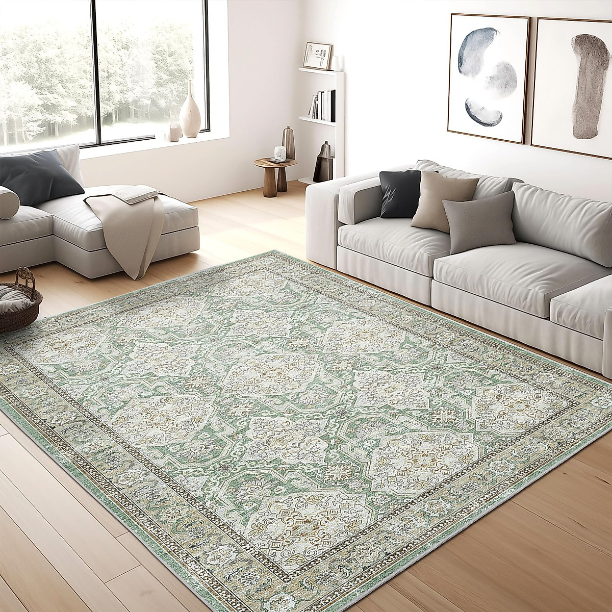 Soalmost 8x10 Area Rugs, Washable Rugs, Large Stain Resistant Area Rug for Living Room Bedroom Dining Room, Vintage Farmhouse Rug Green