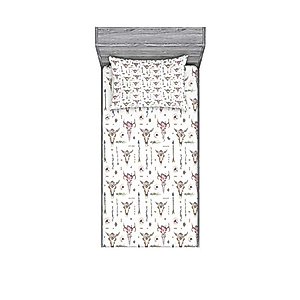 Lunarable Arrows Fitted Sheet & Pillow Sham Set, Boho Pattern Artwork Feathers Cow Skulls Rustic Themed Shapes Print, Decorative Printed 2 Piece Bedding Decor Set, Twin, White Ivory