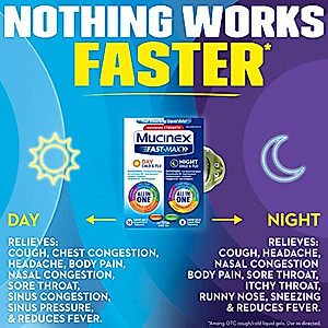 Mucinex Fast-Max Maximum Strength Cold & Flu Day and Night Medicine, All-in-One Multi-Symptom Relief Liquid Gels – 24 count (16 Day time + 8 Night time) (Packaging May Vary)