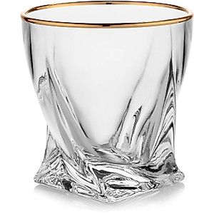 Twisted Whiskey Glasses Set of 4 with 24K Gold Rim | Bar Glasses | Old Fashioned Tumblers | Lowball Glasses | Rocks Glasses | 10 OZ Drinking Glass