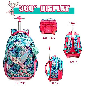 Oruiji Mermaid Rolling Backpack for Girls Backpack with Wheels Kids Wheeled School Backpack with Lunch Bag Trolley Luggage Suitcase for Girls 8-12