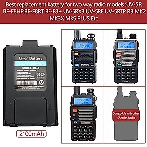 BAOFENG Orignal Extended Battery BL-5 2100mAh High Power Battery Replacement Battery for Two-Way Radio UV-5R BF-F8HP BF-F8RT BF-F8 BF-F8+ UV-5RX3 UV-5RE UV-5RTP R3 MK2 MK3X MK5 Plus Etc