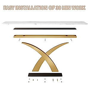 HERNEST 55" Rectangular Marble Dining Table for 4-6, Modern Heavy Duty Dining Room Table with Sintered Stone Tabletop X-Shaped Bracket and Carbon Steel Pedestal, White Kitchen Table for Living Room