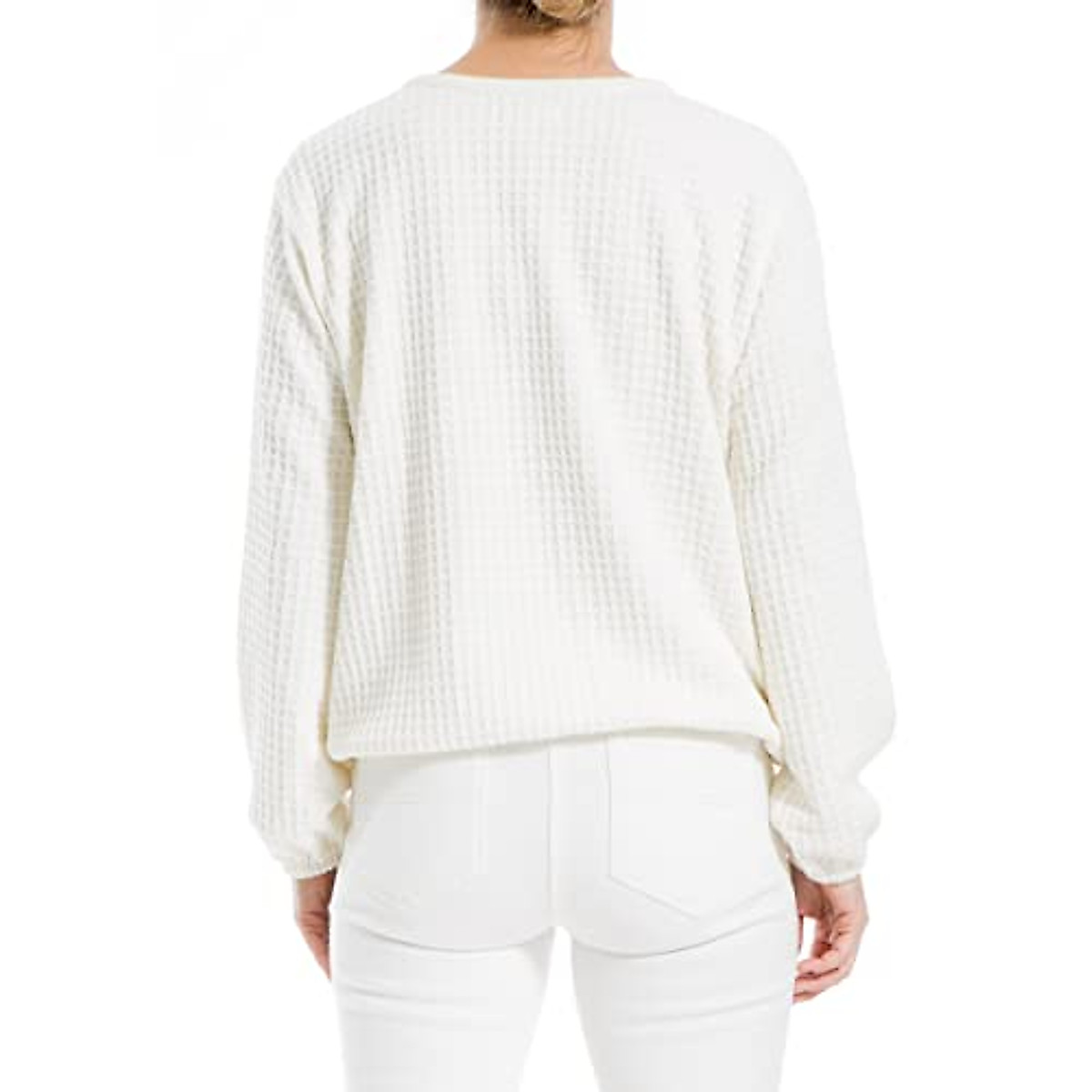 Max Studio Women's Waffle Knit V-Neck Long Sleeve Pullover US Small, Ivory