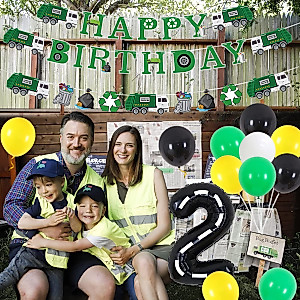 Garbage Truck 2nd Birthday Party Decorations Trash Truck Happy Birthday Banner Garland Cake Topper Cupcake Toppers for Waste Management Birthday Party Decor Supplies