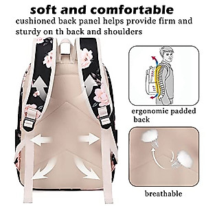 SHEEYEE School Backpack for Girls Bookbags with Lunch Box Set Students Laptop Travel Floral Backpack(Black with Flower)